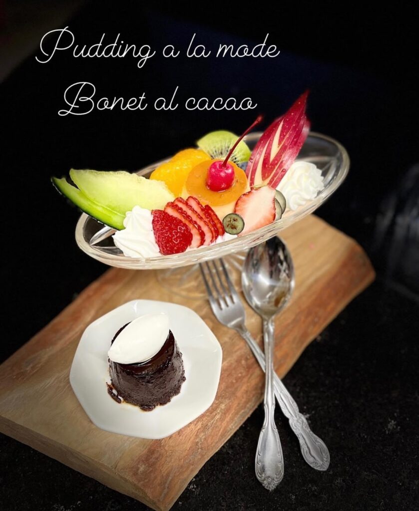 5月のケーキ教室 pudding a la mode プリン・ア・ラ・モード Bonet al cacao カカオのボネ ※イタリアのチョコ ...